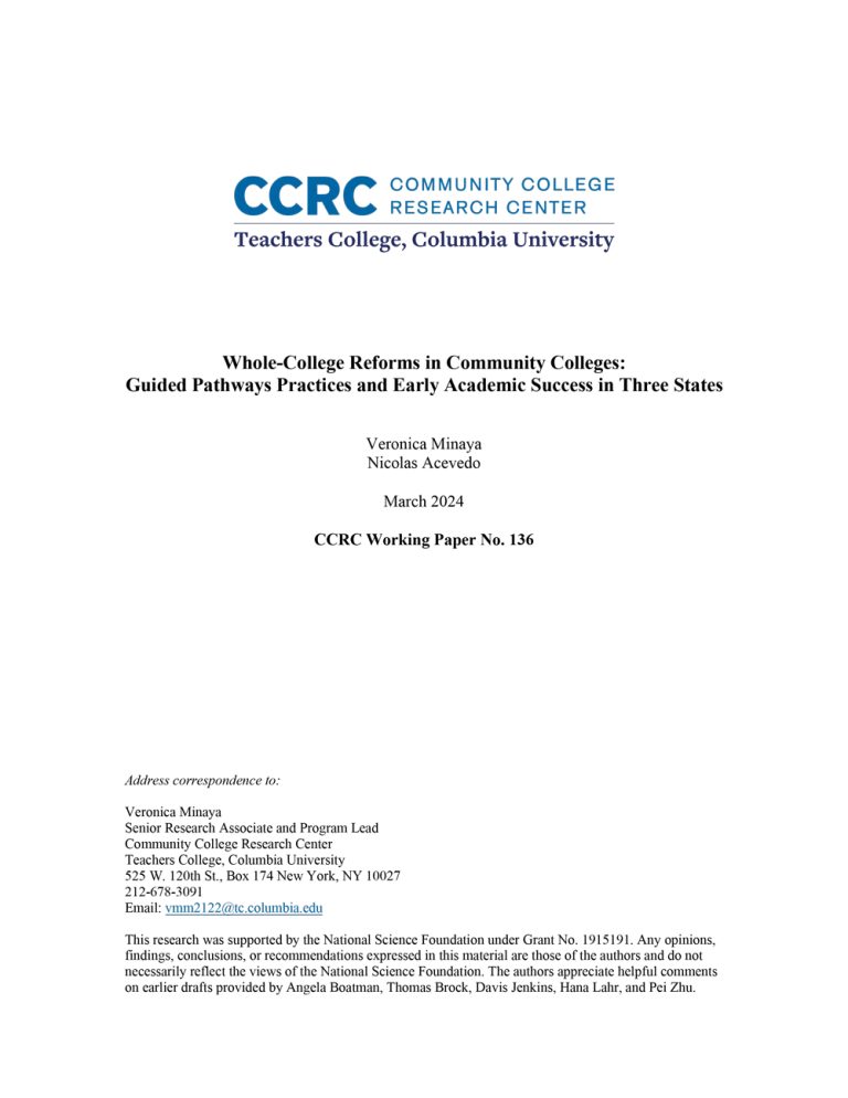 Whole-College Reforms in Community Colleges: Guided Pathways Practices ...
